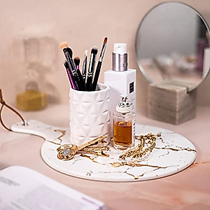 Round marble ceramic cutting board. Marble trivet in white or black with gold veins and leather chord. Cheese serving tray slab to display with kitchen accessories. Vanity tray for countertop. (White)