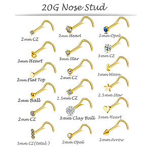 Tornito 20G 38Pcs Stainless Steel L Bone Screw Shaped Nose Studs Nose Rings CZ Hoop Tragus Cartilage Nose Ring Labret Nose Piercing Jewelry for Men Women Rose Gold Tone (G:38Pcs, Gold&Screw)