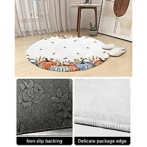 Round Fluffy Area Rug Thanksgiving Fall Pumpkin Harvest Ultra Soft Short Plush Circle Carpet Autumn Leaves Wheat on White Non-Slip Shaggy Accent Throw Rugs for Living Room Bedroom Nursery 48in