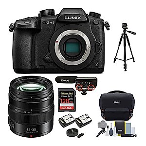 Panasonic LUMIX GH5 4K Mirrorless Camera with 12-35mm Lens,128GB SD Card, Koah Roebling Street Camera System Gadget Bag, Shock Mount, 60” Tripod and Battery and Dual Charger Bundle (7 Items)