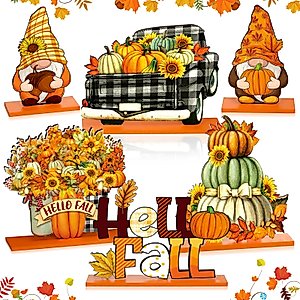 Barydat 6 Pcs Thanksgiving Wooden Table Decorations Fall Harvest Table Centerpieces Autumn Gnomes Pumpkin Truck Turkey Wood Signs Farmhouse Tiered Tray Decor for Home Party Decor(Stylish Style)