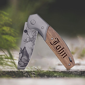 Custom Engraved Folding Pocket Knife with Elk Blade - Personalized Hunting Fishing Gift for Dad, Men, Him, Husband - Customized with Name (Elk - Custom Personalized)
