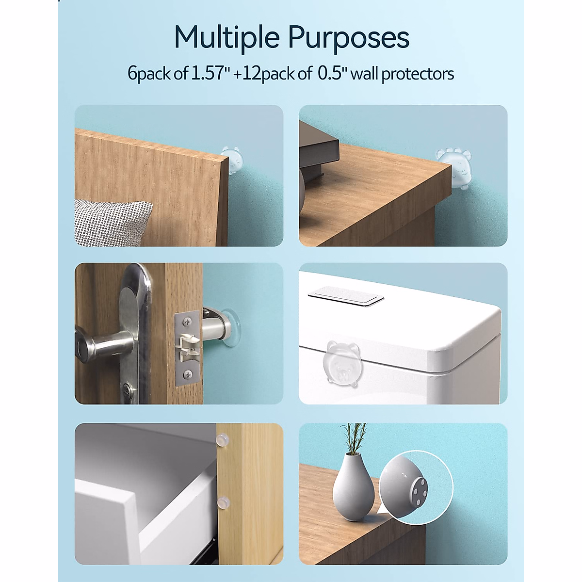 Door Stoppers Wall Protectors, 6pcs 1.57" + 12pcs 1/2" LEOADE Door Knob Stops Cabinet Handle Rubber Bumpers with Self Adhesive Quick Shock Absorbent, Refrigerator Furniture Silicone Silencer -Clear