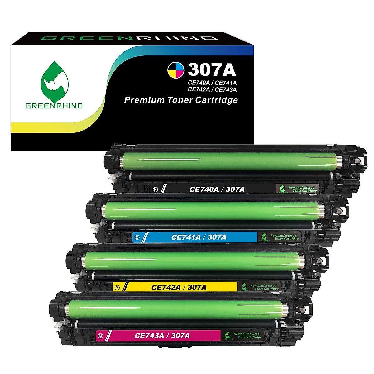 GREENRHINO Remanufactured Toner Cartridge Replacement for HP 307A CE740A CE741A CE742A CE743A HP Color Laserjet CP5200 CP5220 CP5225 CP5225dn CP5225n (1 Black, 1 Cyan, 1 Magenta, 1 Yellow, 4-Pack)