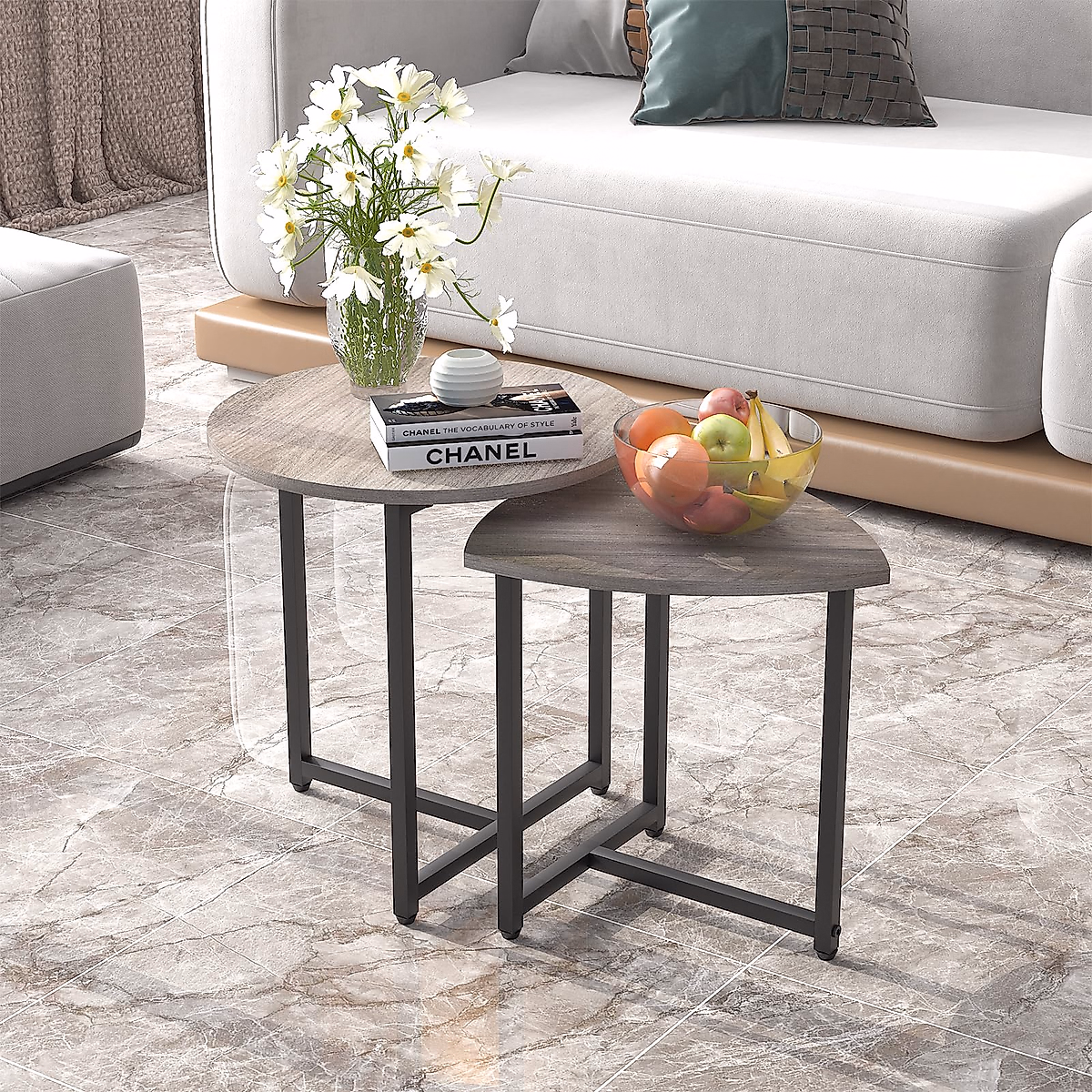 Wolawu Nesting Table Small Round Coffee Table,Set of 2 End Tables,Minimalist Side Table for Living Room Bedroom,Stacking Sofa Side Tables with Solid Metal Frame for Small Space,Oak