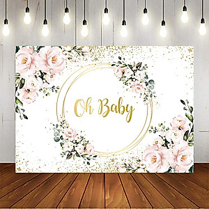 Avezano Blush Floral Baby Shower Backdrop Pink Flower Gold Dots Baby Shower Background Flowers Baby Shower Decorations for Girls (7x5)