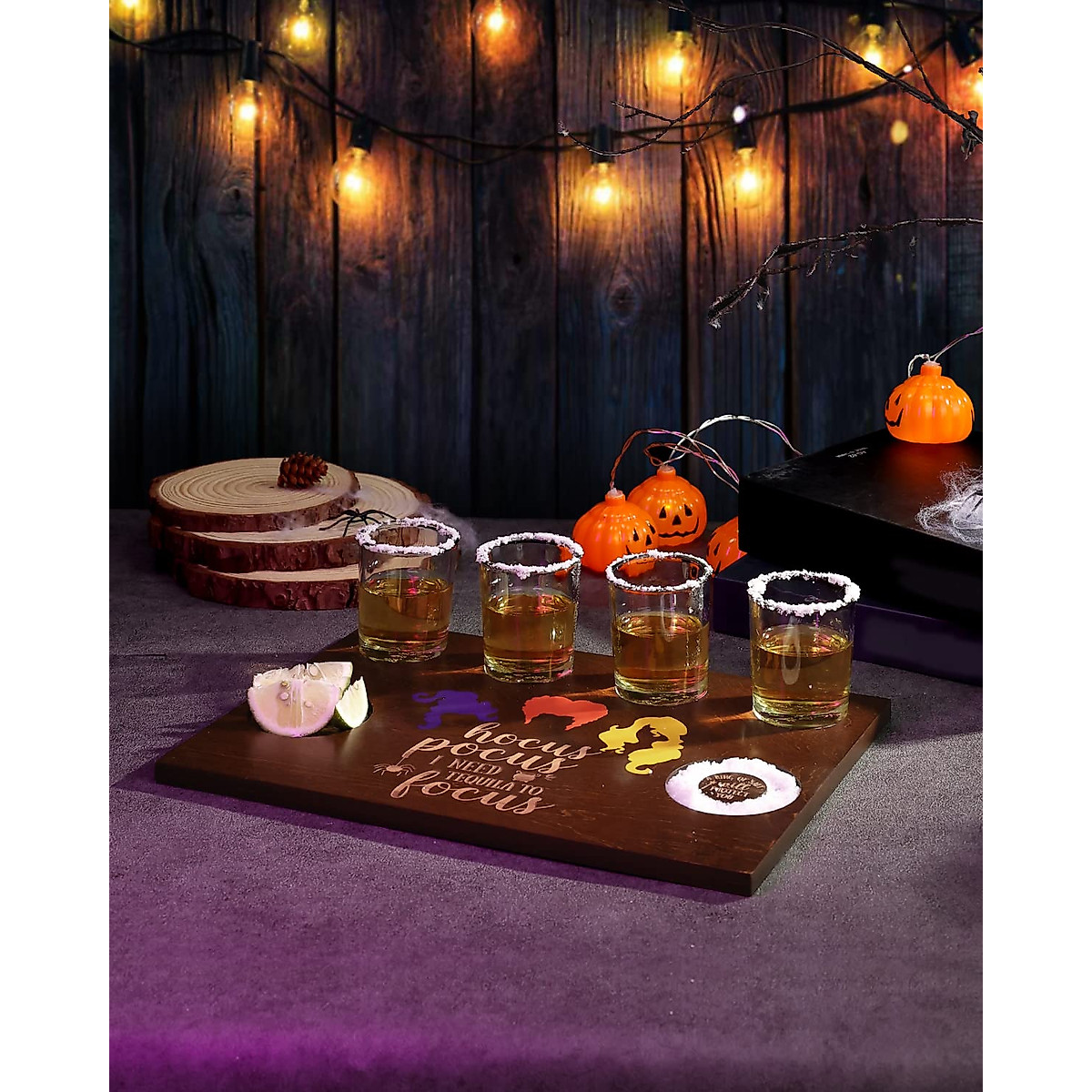 Tequila Shot Board Serving Tray, Zingoetrie Hocus Pocus Shot Glass Holder Display Storage with Salt Rim Bar Wooden Tray for Halloween Witch Liquor Birthday Party Wedding Housewarming Men Women Gifts