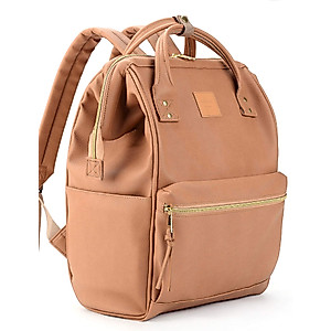 Kah&Kee Leather Backpack Diaper Bag with Laptop Compartment Travel School for Women Man (Tan Pink, Large)