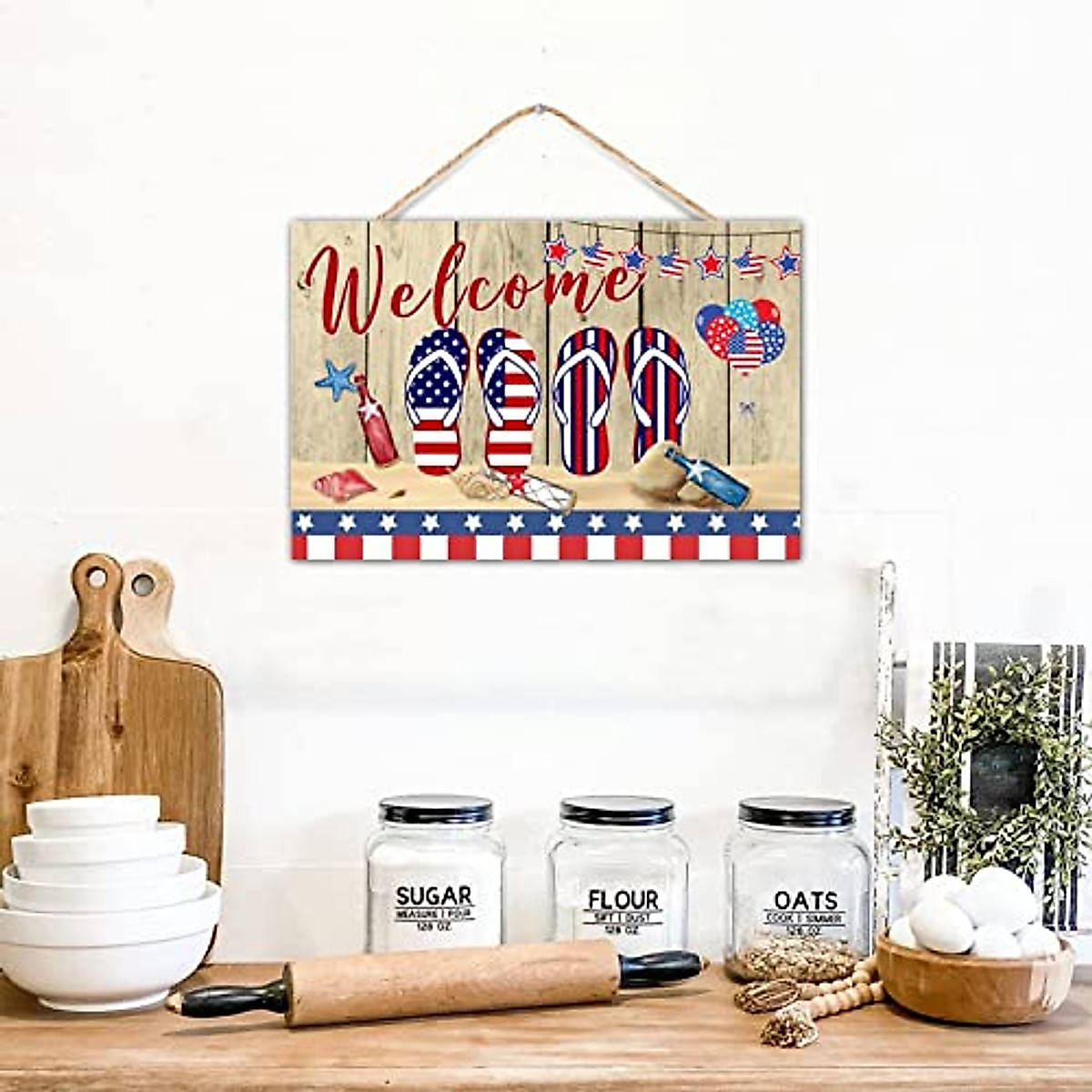 CustonCares Independence Day Flip Flops Welcome Wooden Sign Table Decor Modern Red White Blue Balloons Star Signs Decorative Wood Sign Plaque for Shelf Room Porch 12x8in
