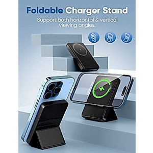 Magnetic Portable Charger - 5000mAh Mag-Safe Battery Pack with Foldable Stand, Mini Mag-Safe Power Bank, 20W USB-C Battery Pack for iPhone 12/13/14 Series, Wireless Charger for Outdoor Travel - Black