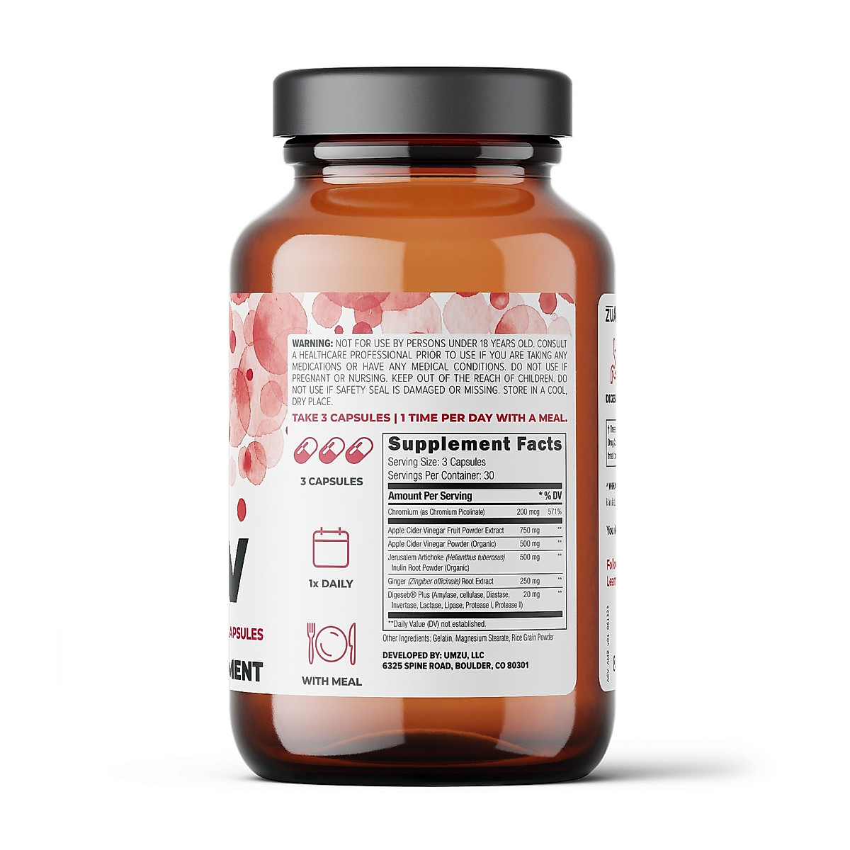 UMZU zuACV Prebiotics Supplement | Apple Cider Vinegar Prebiotic Blend Supports Digestion, Gut Health & Immunity | Relieves Occasional Bloating w/No Vinegar Taste (30 Day Supply | 90 Capsules)