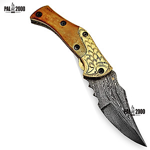 PAL 2000 HUNTING KNIVES Smpg-9863 - Damascus Folding Knife - Handmade Damascus Steel - Damascus Pocket Knife - Stained Bone Handle and Engraved Guards