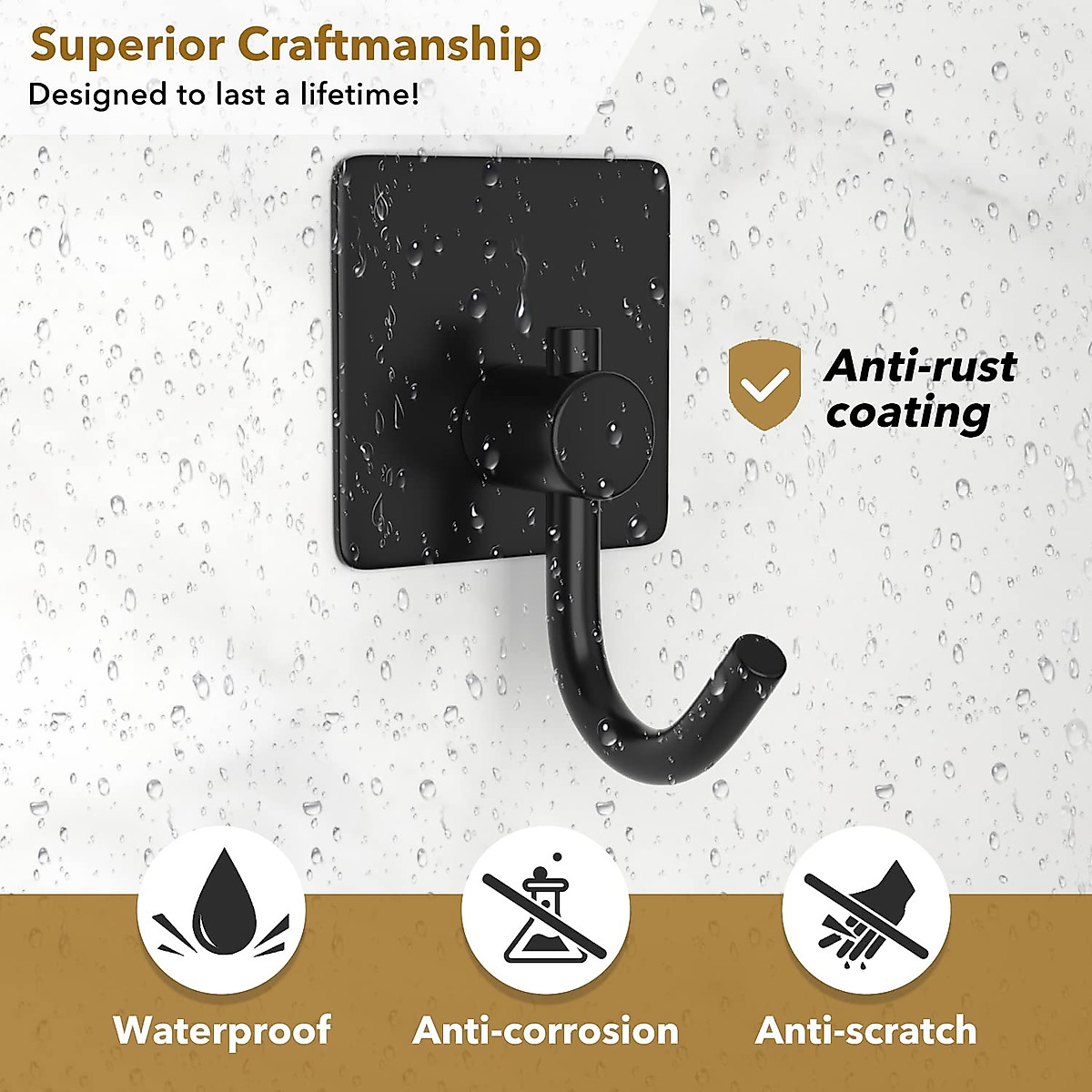 Self Adhesive Hooks,Heavy Duty Stick On Wall and Door Hooks for Hanging,Bathroom Towel Hooks and Kitchen Hallway Sticky Black Hooks,Coat Hooks Robe Hook Wall Mounted,Stainless Rustproof,4 Pack