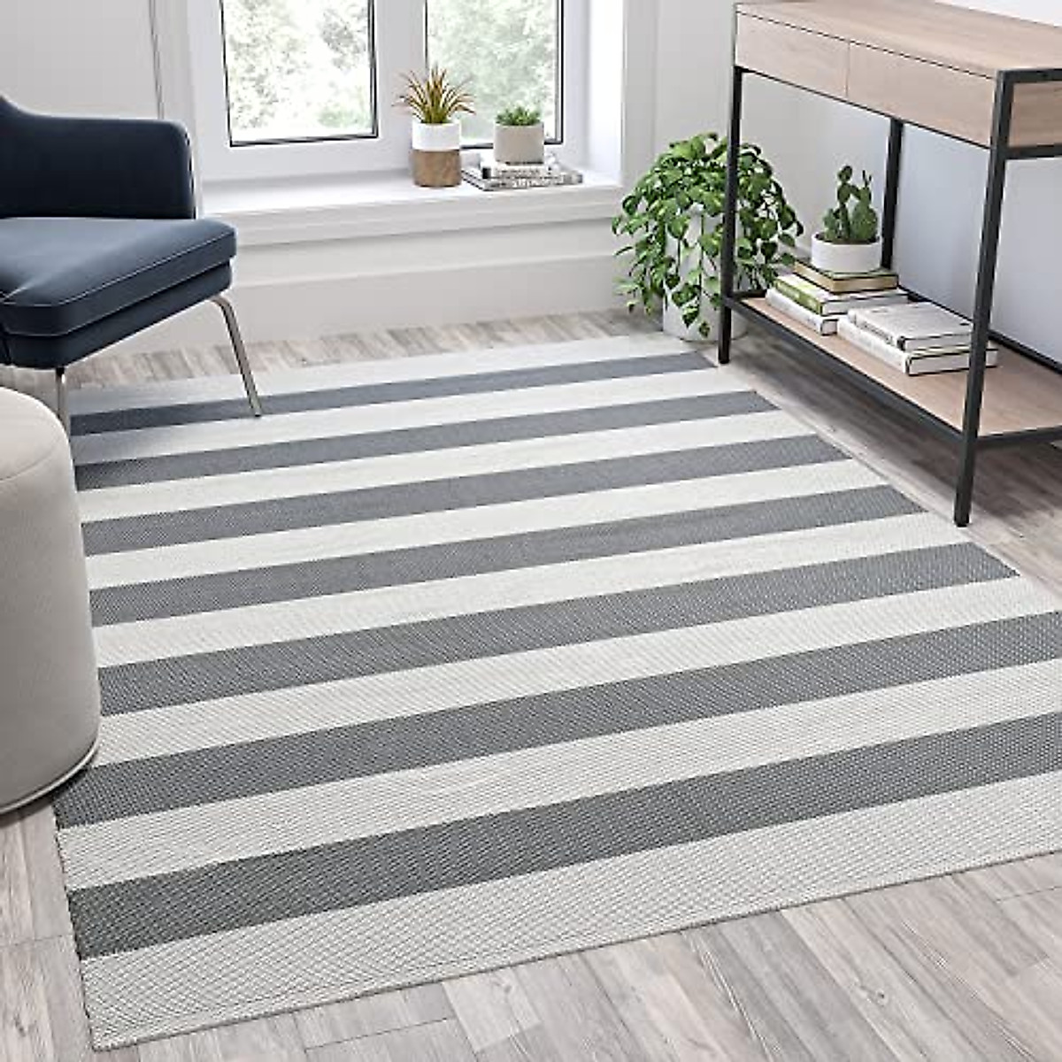 Flash Furniture Melissa Indoor/Outdoor Area Rug - Grey & White - Cabana Striped - 5' x 7' - Stain Resistant