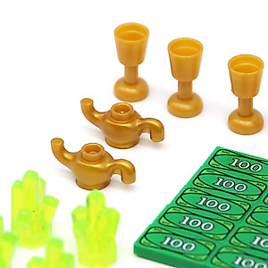 Feleph Treasure Accessories Money Building Blocks Set Jewel Chest, Gems Diamonds, Bullion Gold Tile Silver Bar, Power Crystals, Coins, Goblet, 100 Dollar Bill Cash Toy Brick