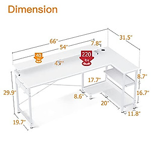 ODK Small L Shaped Desk, 66 inch Corner Desk with Reversible Storage Shelves, Computer Desk with Monitor Shelf and PC Stand for Home Office, Gaming Desk with Headphone Hooks, White