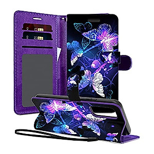 EnCASEs Wallet Case with Hand Strap for Samsung A53 5G,PU Leather Clip Flip Phone Case Cover with ID Card,Credit Card Pocket Holder (Stand Feature),Purple Butterfly Case for Samsung Galaxy A53 5G 2022