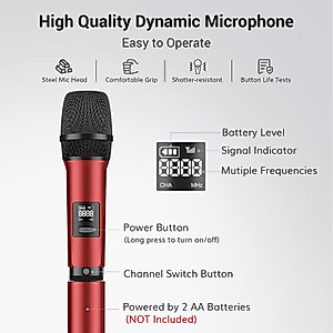 TONOR Wireless Microphone Systems, Dual 2x15 adjustbale UHF Channels Micro Kit, Metal Handheld Dynamic Singing Mic 200ft with Receiver for Karaoke, DJ Party, Church, Wedding, Speech, PA TW450 Grey&Red