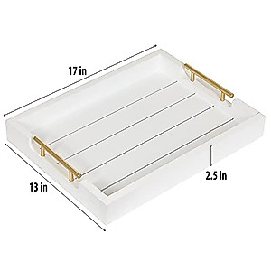 White Serving Tray with Gold Handles by Cozy Décor - Premium Decorative Trays - Coffee Table Trays for Living Room - Large Ottoman Tray -Tv Trays for Breakfast in Bed -17-Inch Wooden Tray for Ottoman