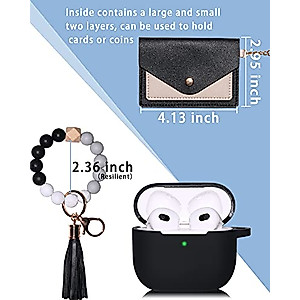 4-in-1 for AirPods 3 Case Cover Accessories Set Kit, Cute for AirPod 3rd Generation Case Skin with Fur Ball Pompom/Wristlet Bracelet Keychain/Credit Card Holder Purse for Women and Girls Black