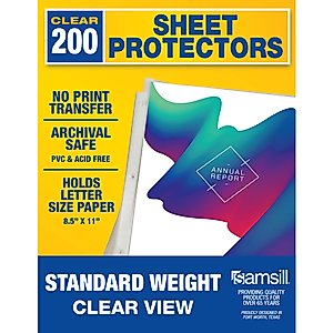 Samsill Sheet Protectors, 8.5x11 Inch Page Protectors for 3 Ring Binder, Standard Weight, Clear Protector, Letter Size, Top Loading, Acid Free, 200 Pack