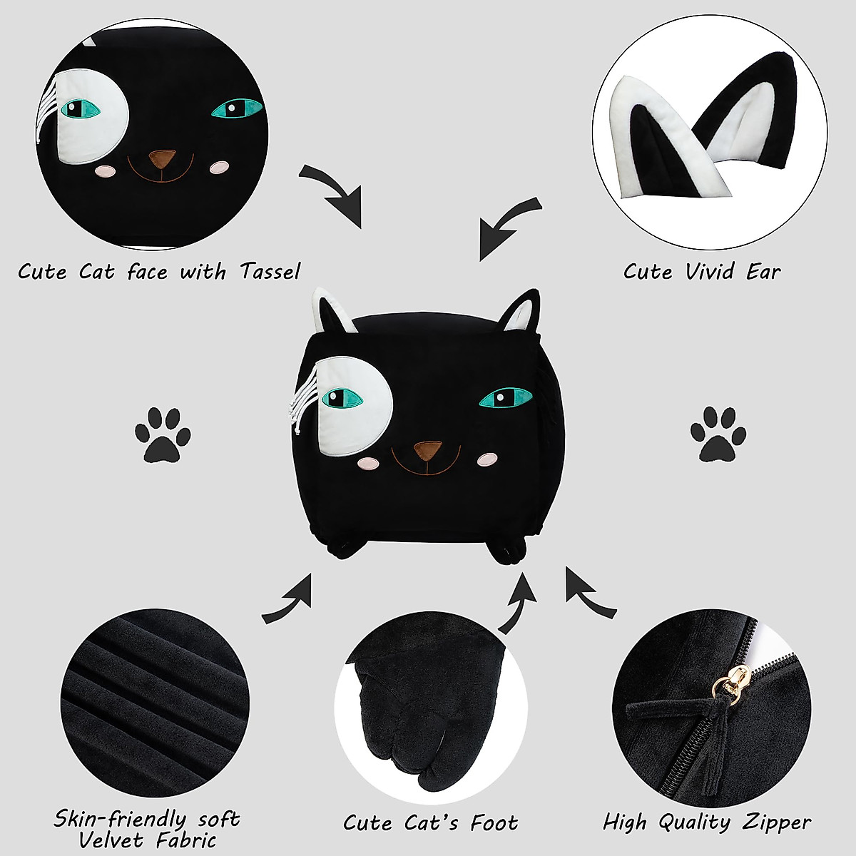 Black Cat Bean Bag Chairs for Teens, Playroom Furniture, Comfortable Seating for Kids, Large Size 22x24 Inch Velvet Extra Soft, Cover ONLY