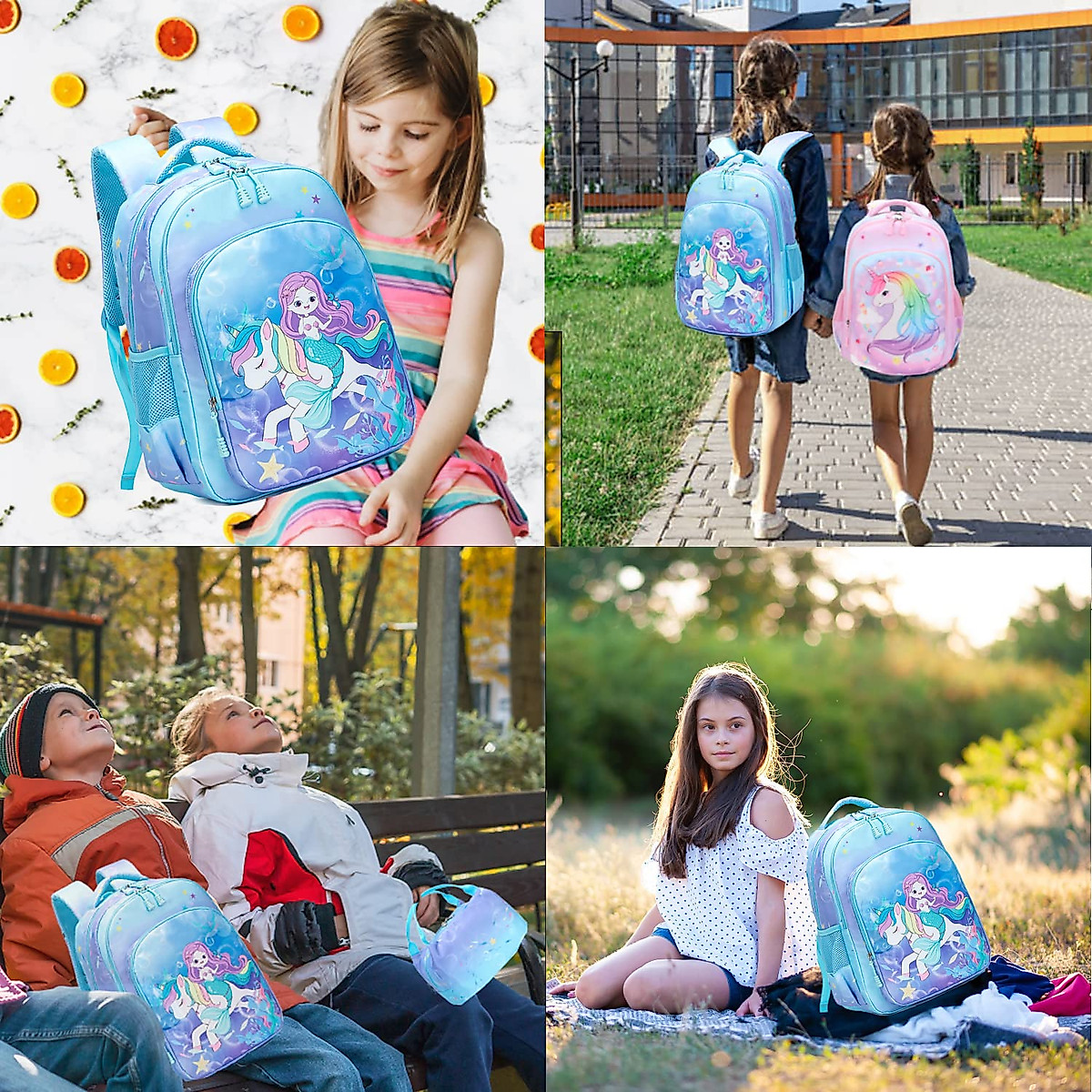 Mermaid Unicorn Backpack for Girls School Backpack for Girls Mermaid Bookbag Large Capacity Water Resistant School Bag 3 Piece Bundle with Insulated Lunch Bag Pencil Case