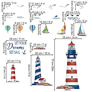 wondever Nautical Lighthouse Wall Stickers Sailboat Seagull Peel and Stick Wall Art Decals for Kids Bedroom Baby Nursery Living Room