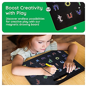 PicassoTiles 2-in-1 Magnetic Drawing Board Toy 12x10 inch Large Magnet Bead Tablet Pad with 2 Facings Alphabet STEM Free Style Educational Erasable & Reusable Learning Writing Playboard in Black PTB04