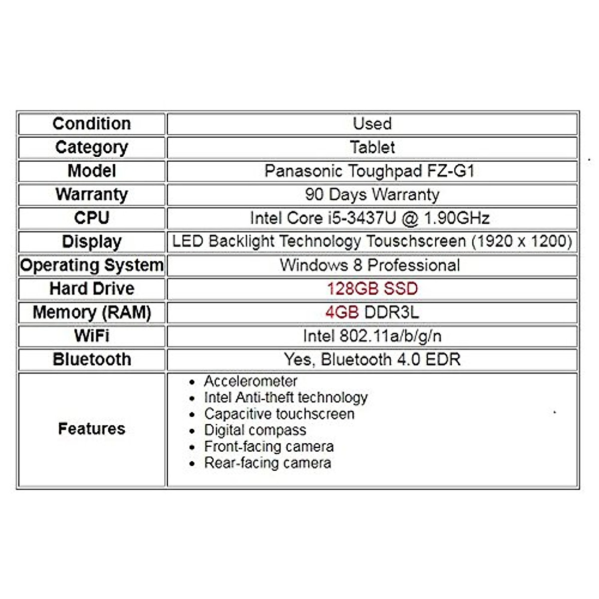 Panasonic Toughpad FZ-G1 Rugged Tablet Win 10 PRO Intel Core i5 3437U 1.90GHz vPro 10.1 Inch WUX G1AABGCLM