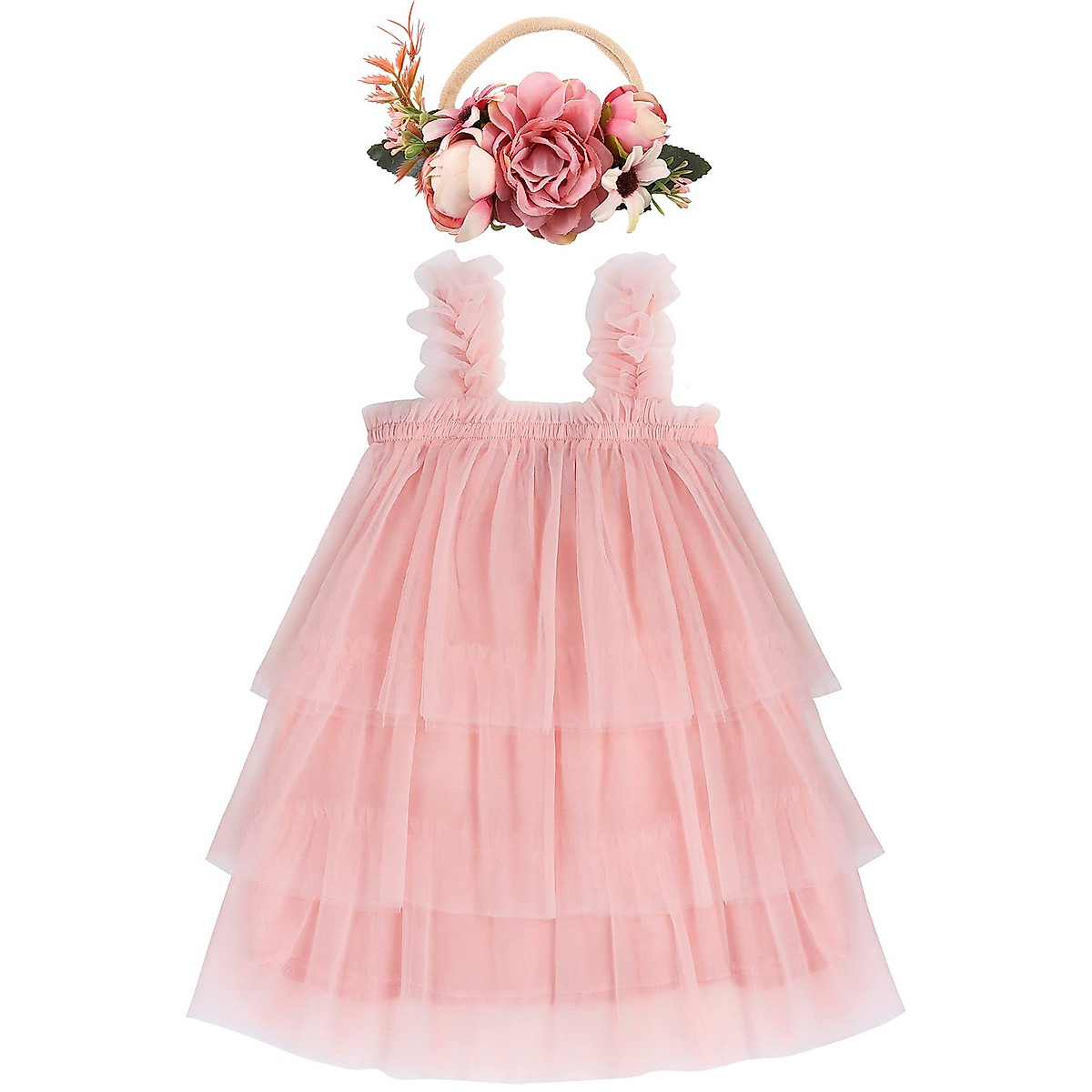 AGQT Baby Girls Tulle Tutu Dress Toddlers Tulle Layered Lace Dresses Sleeveless Princess Party Dress Summer Ruffles Sundress with Flower Headband Pink Size 12-18 Months
