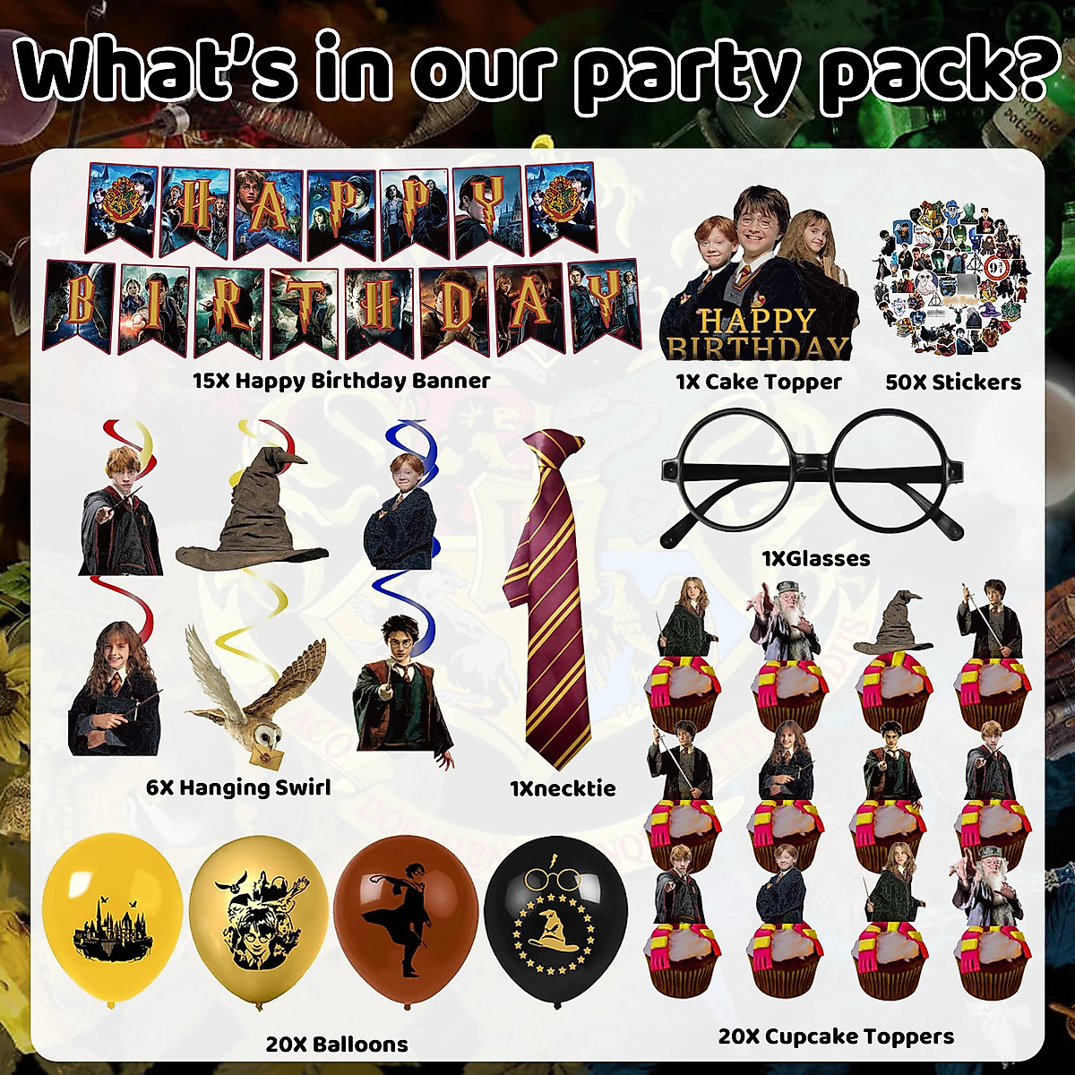 114Pcs Magical Wizard Birthday Decorations, Wizard Party Decorations Include Banners, Cupcake Toppers, Hanging Swirls, Balloons, Stickers, Wizard Tie and Glasses for Kids Birthday Party Favors