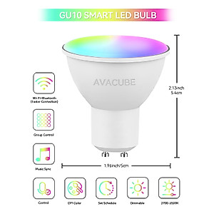 AVACUBE 4 Pack GU10 Smart Bulbs for Track Lights, 4.7 Watts PAR16 Smart LED Bulb Compatible with Alexa Google Assistant SmartThings Siri, Color Changing, Music Sync, Timer, 2700-6500K