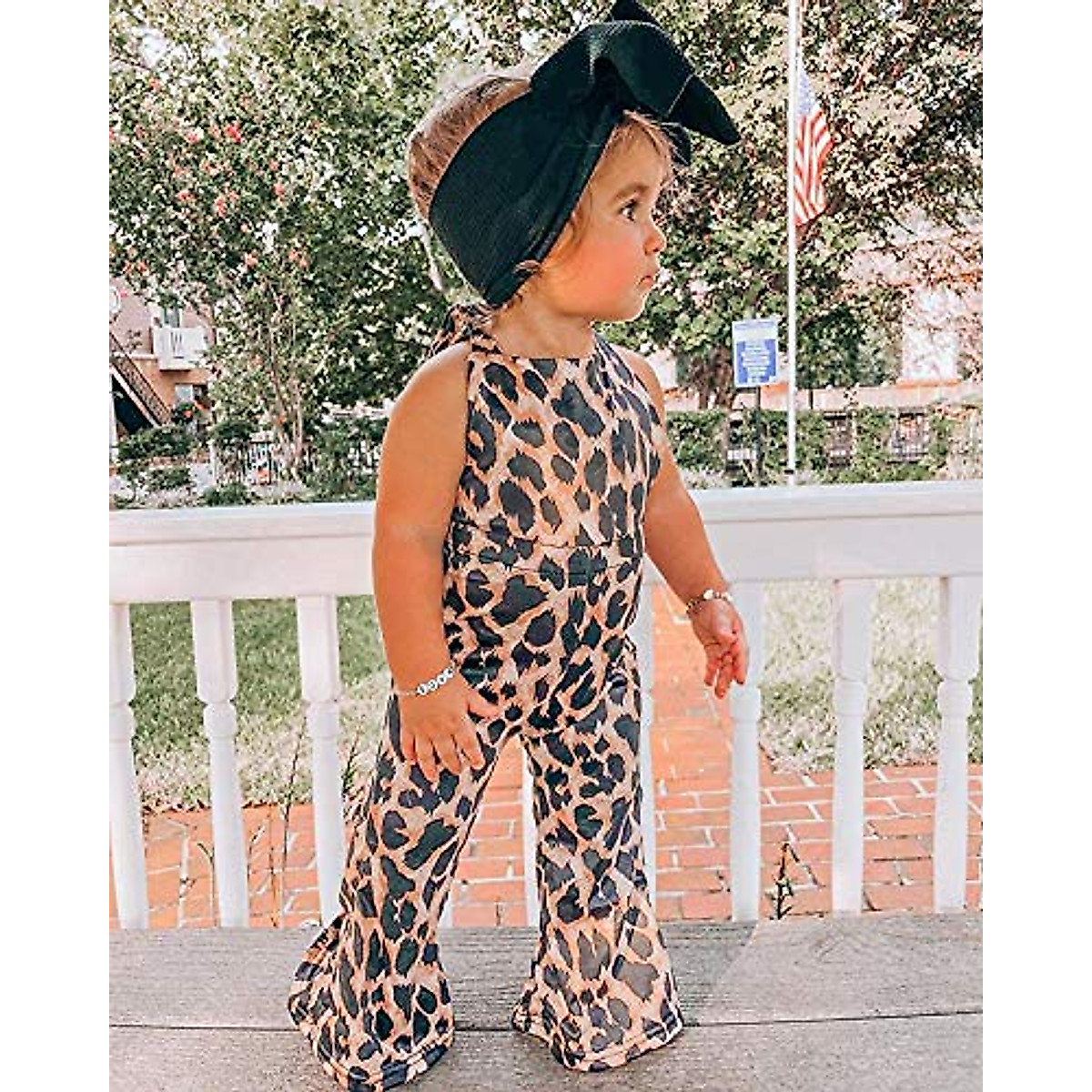 Kid Toddler Baby Girl Spring Summer Sleeveless Backless Romper One Piece Leopard Printed Jumpsuit Bell-Bottomed Flare Pants