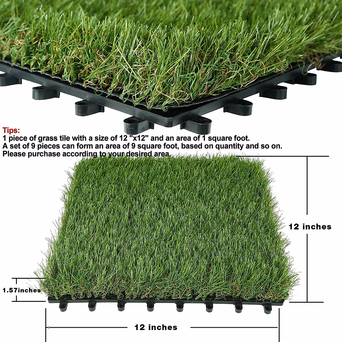 XLX TURF Artificial Grass Turf Tiles Interlocking Set 6 Pieces, Square Fake Grass Tiles Self-draining for Pet Indoor/Outdoor Flooring Decor, 12"x12", 8 Buckle Systerm