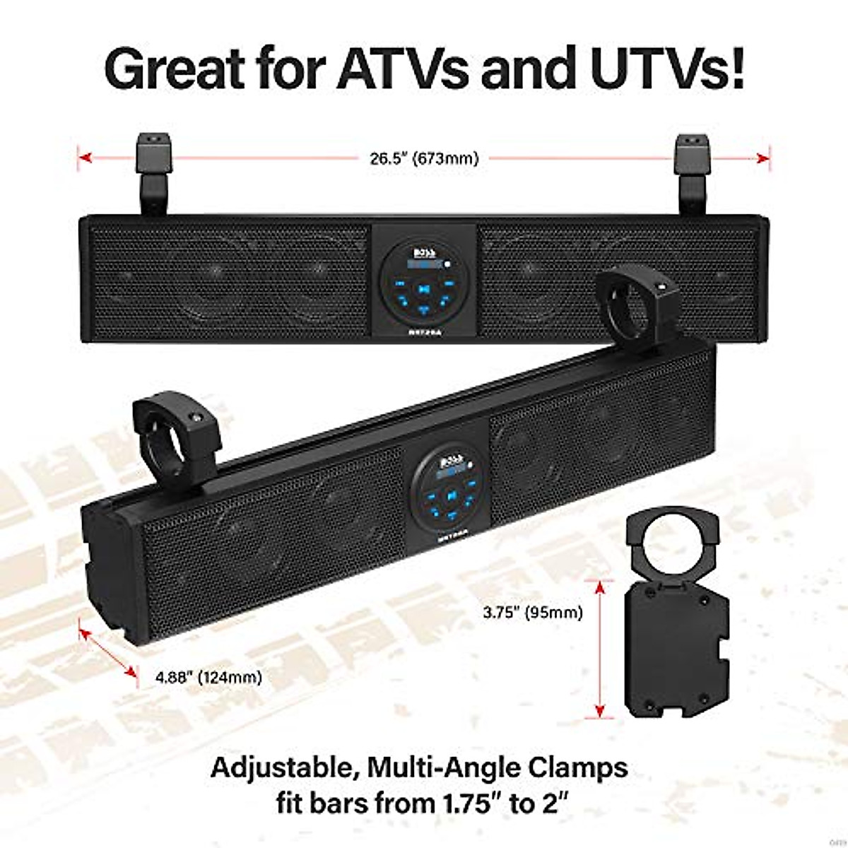 BOSS Audio Systems BRT26A UTV Sound Bar - 26 Inch Wide, IPX5 Rated Weatherproof, Bluetooth, Amplified, 4 Inch Speakers, Soft Dome Tweeters, Easy Installation for Dune Buggies, Jeeps, Rock Crawlers