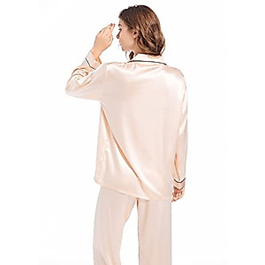 Fivali Womens Silk Satin Pajamas Long Sleeve Pj Set Two-piece Sleepwear Silky Button-down Nightwear Soft Loungewear Sets, L Champagne
