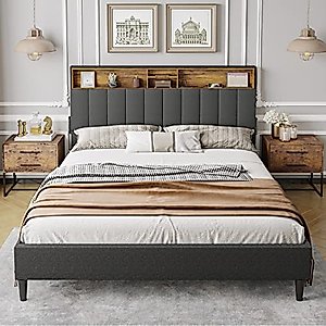 Tiptiper Full Size Bed Frame with Outlets, Platform Bed Frame with Storage Headboard and Height Adjustable, Fabric Upholstered Bed with Wooden Slat Support, No Box Spring Needed, Dark Grey