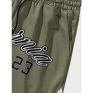 SHENHE Men's Letter Print Drawstring Waist Striped Trim Workout Gym Track Shorts Army Green L