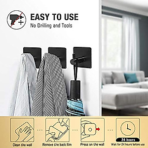 Adhesive Hooks, YAKAON [4 Pack] Heavy Duty Durable 304 Stainless Steel Wall Hangers, Waterproof Rustproof Oil Proof for Kitchen, Bathrooms, Doors, Office, Closet-Black