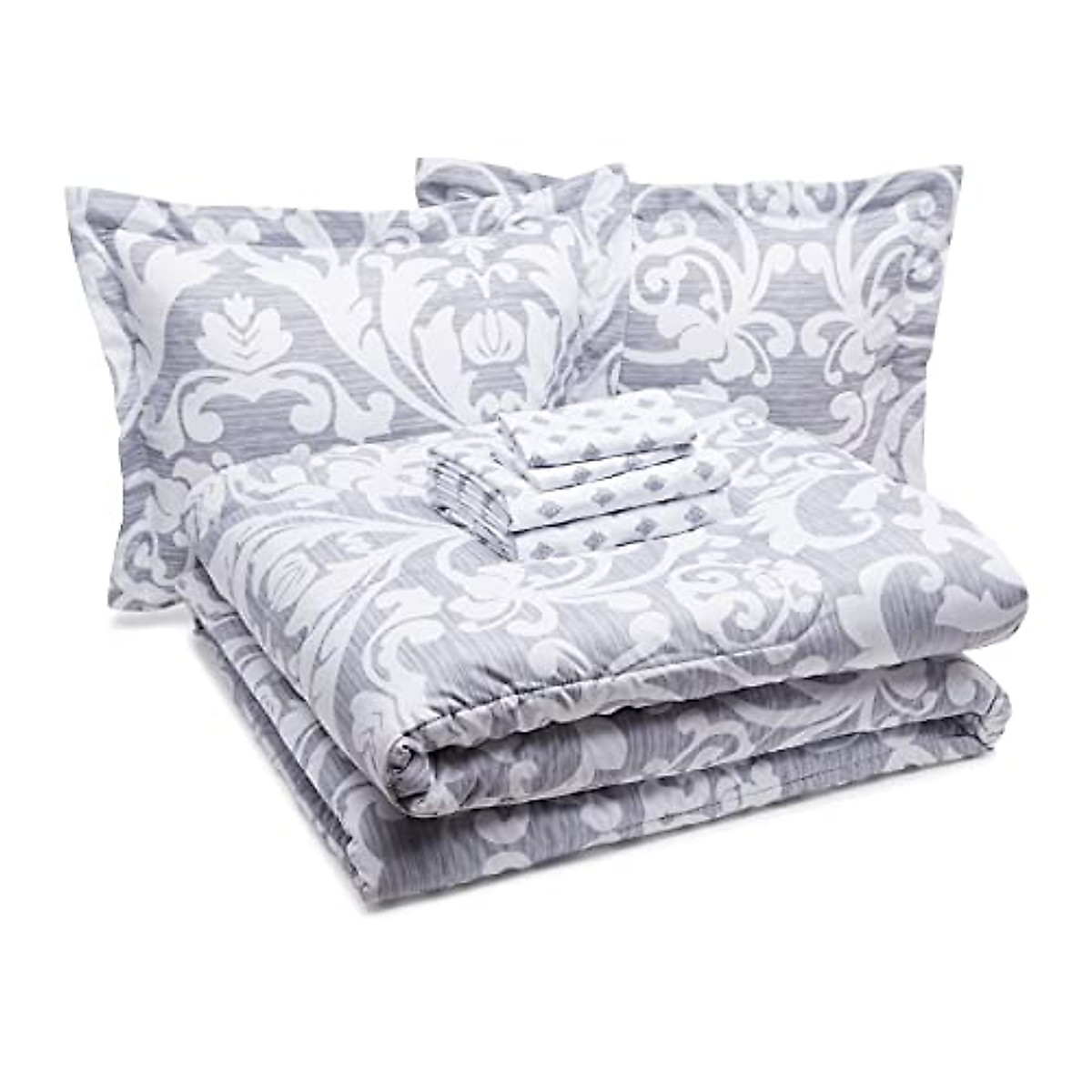 Amazon Basics Ultra-Soft Lightweight Reversible Microfiber Comforter Bed-in-a-Bag, 7-Piece Set, Full/Queen, Gray Medallion