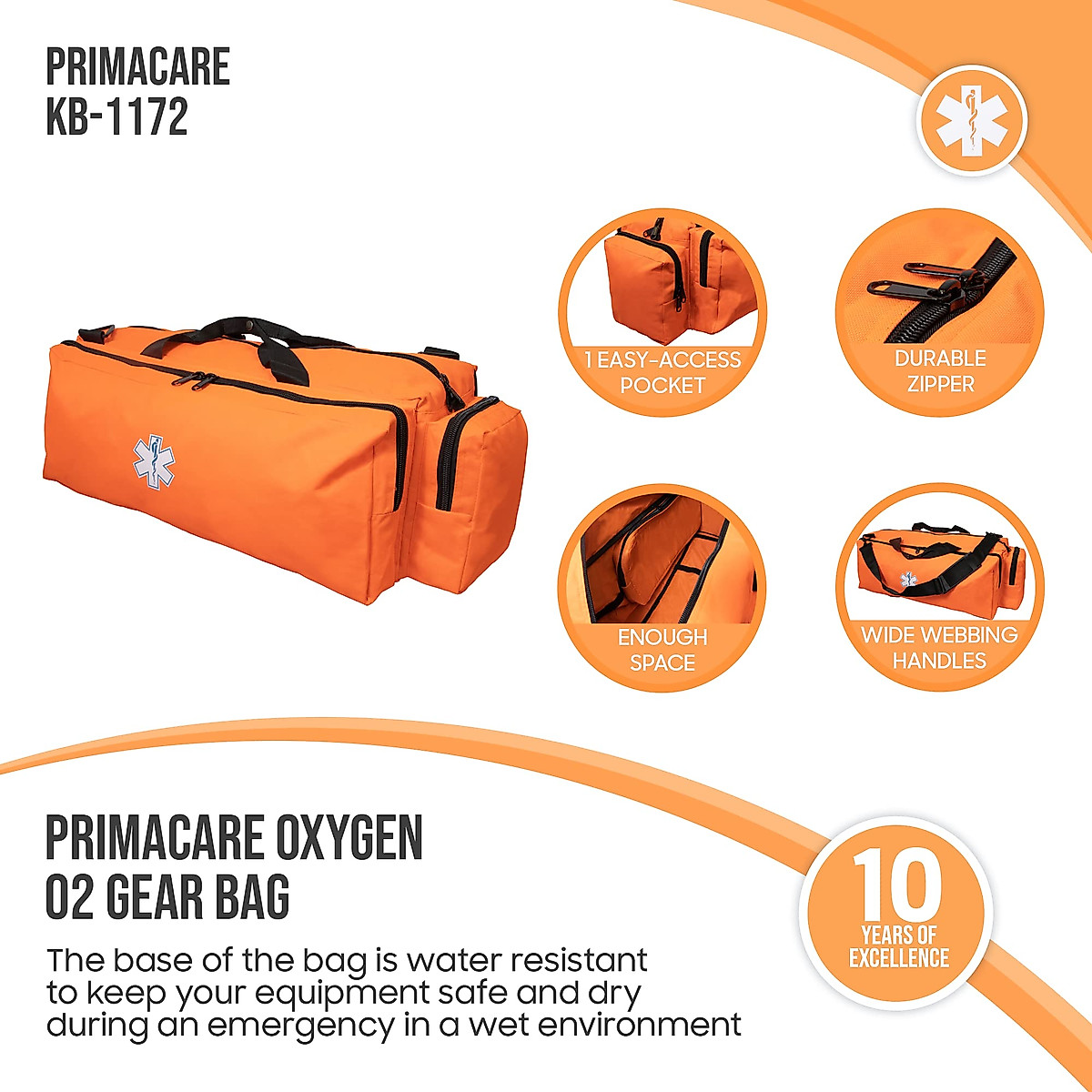 PrimaCare KB-1172 Oxygen O2 Gear Bag with Multiple Compartments Waterproof Bottom and Heavy-Duty Zipper, 32" x 12" x 13", Orange