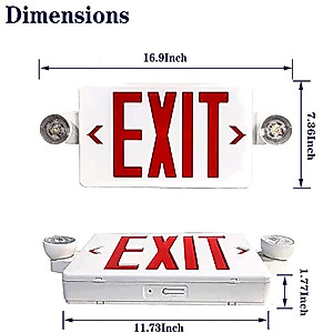 LED Exit Sign Emergency Light Combination Adjustable Two Heads and Battery Backup, US Standard Commercial Emergency Exit Lighting, Fire Resistant UL 924 AC 120/277V (Red)