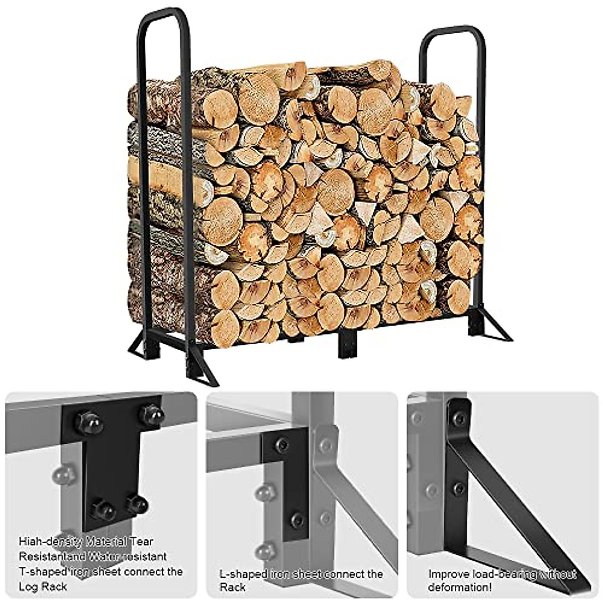 Firewood Rack Outdoor 4 ft, Included Waterproof Cover and Tote Bag, Tubular Steel Wood Log Holder Bearing 2600Ibs, Upgraded Stable Structure Fire Wood Holding Stand Storage Outside Patio Deck