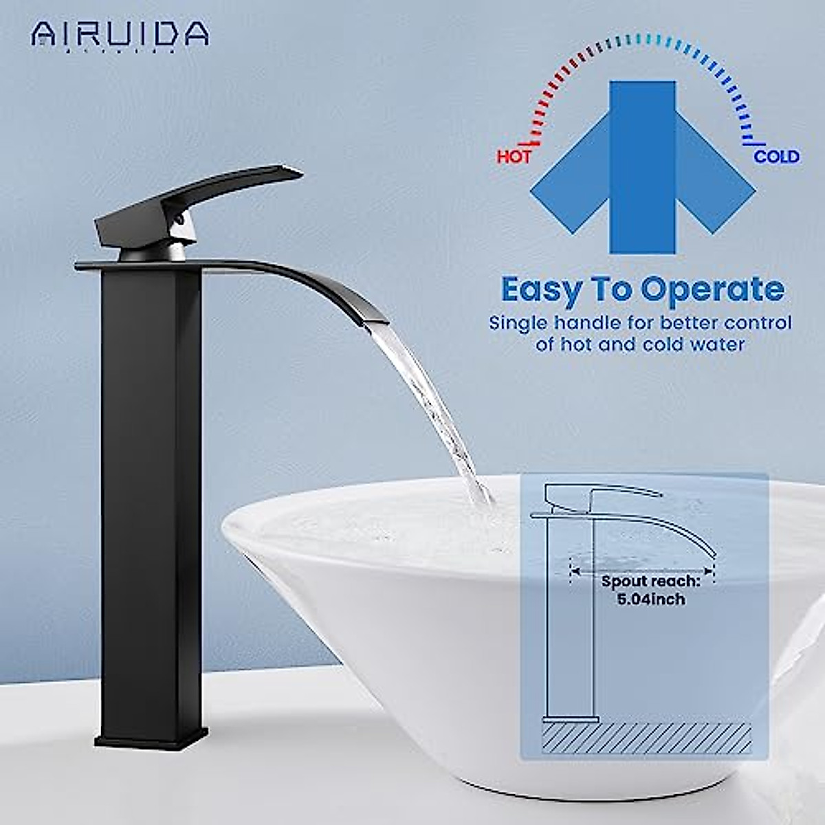 Airuida Vessel Sink Faucet Matte Black, Tall Waterfall Bathroom Faucet, Single Handle One Hole Mixer Bowl Tap with Large Rectangular Spout, Bar Sink Faucet Lavatory Vanity