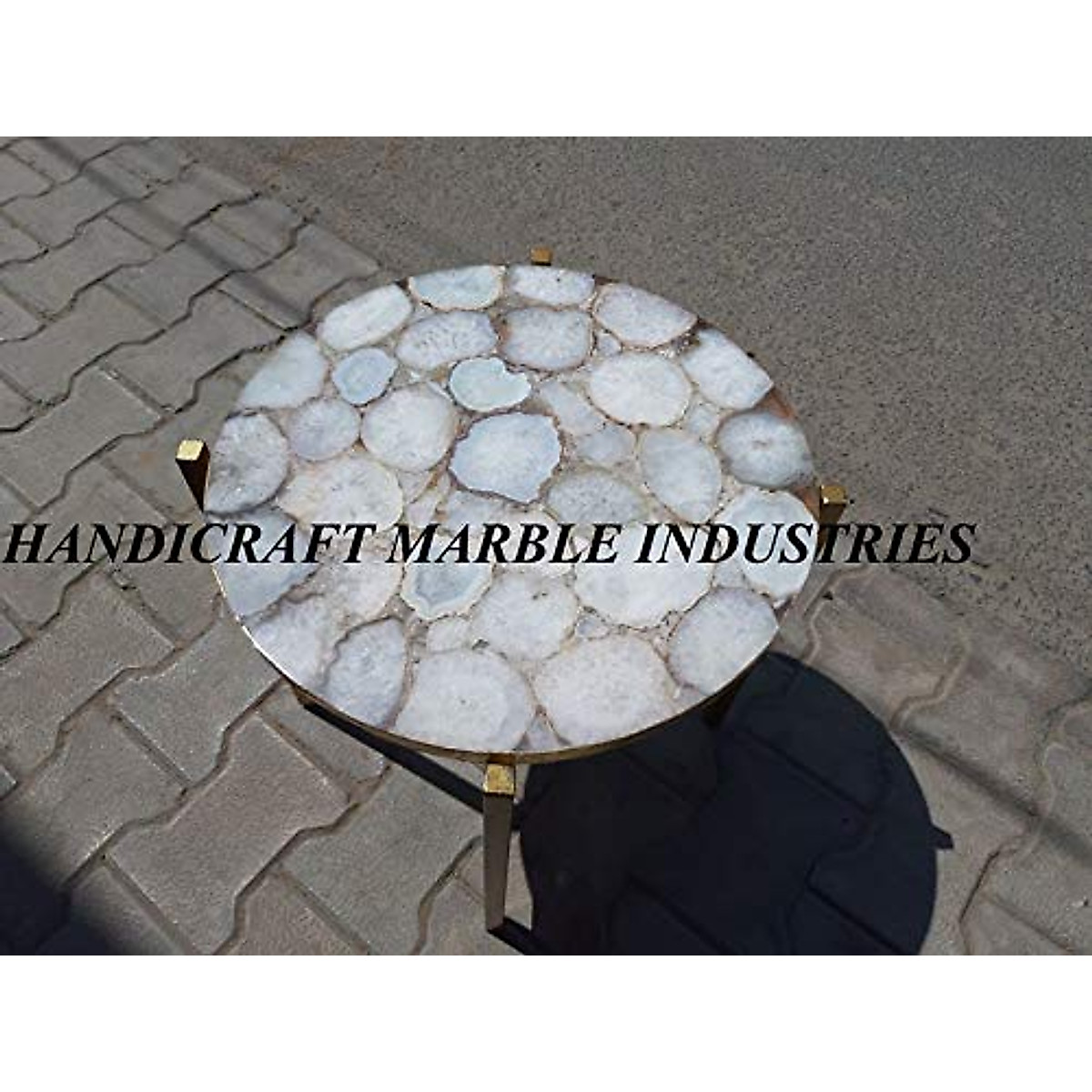 18" Inch Round Natural White Agate Coffee Table with Gold or Silver Foil coated borders with Metal Base, Agate Table, Stone Coffee Table, Agate Table Top, Agate Round Coffee Table