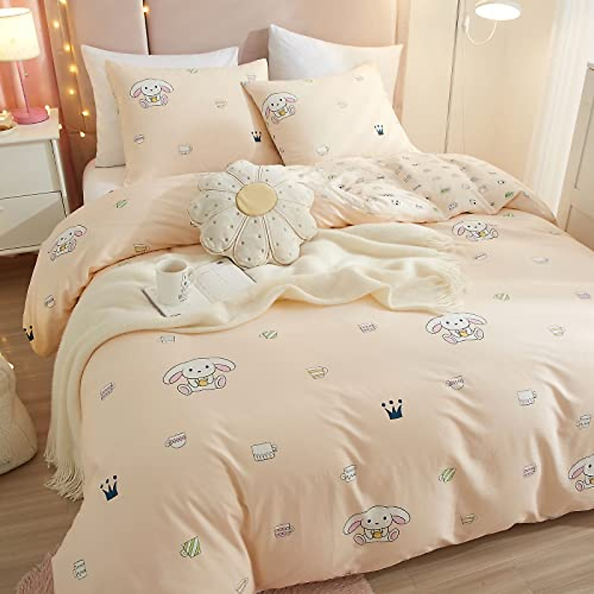 Cute Puppy Printed Bedding Duvet Cover Set Queen Soft Cotton Aesthetic Bedding Duvet Cover with 2 Pillow Shams Pink Reversible Bunny Bedding Sets Full/Queen Size