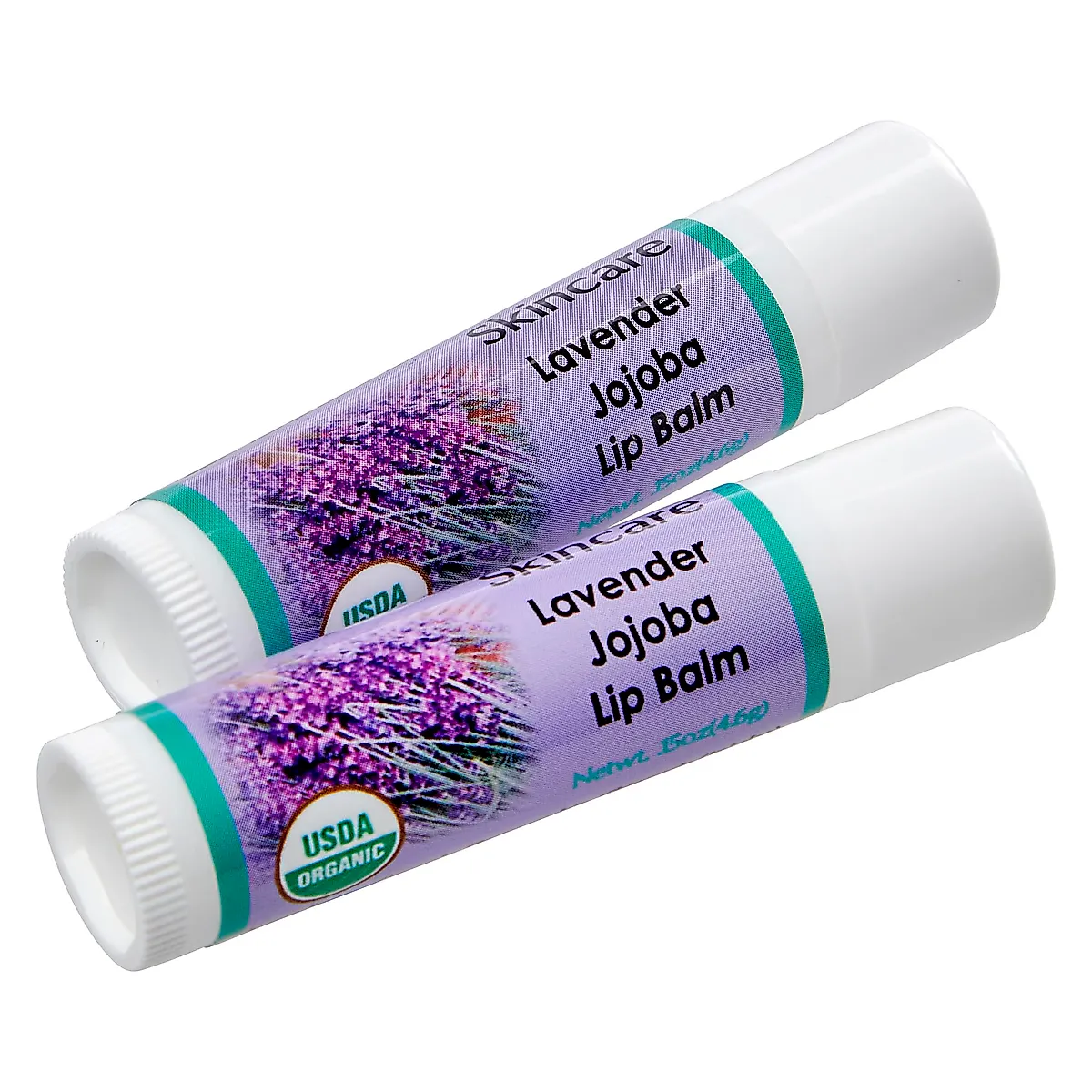 2-Pack Organic Lavender Lip Balm -USDA Certified Organic. 70% Organic Jojoba Oil, Organic Beeswax, Soothes and Softens Dry, Cracked, and Sensitive Lips, Natural Lavender Scent No Taste, 0.15 oz/4.6 gm