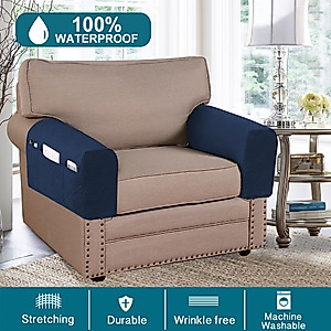 Turquoize Waterproof Armrest Covers for Chairs and Sofas Armrest Covers Couch Arm Covers for Sofa With Side Pocket Anti-Slip Furniture Protector Washable Armrest Slipcovers Set of 2, Navy