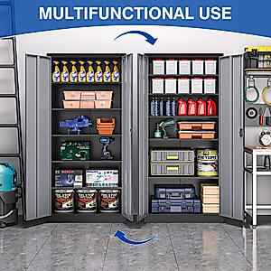 BYNSOE Garage Storage Cabinet with 5 Adjustable Shelves Metal Storage Cabinets with Locking Door, Steel Classic Storage Cabinet for Home, School, Office, Garage (Black Gray-Style 1)